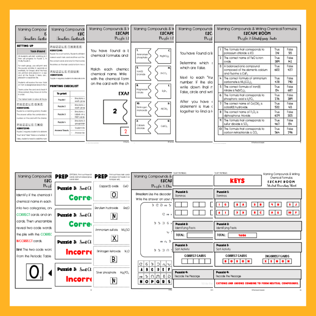 CHEMISTRY Naming Compounds & Writing Chemical Formulas Escape Room ...