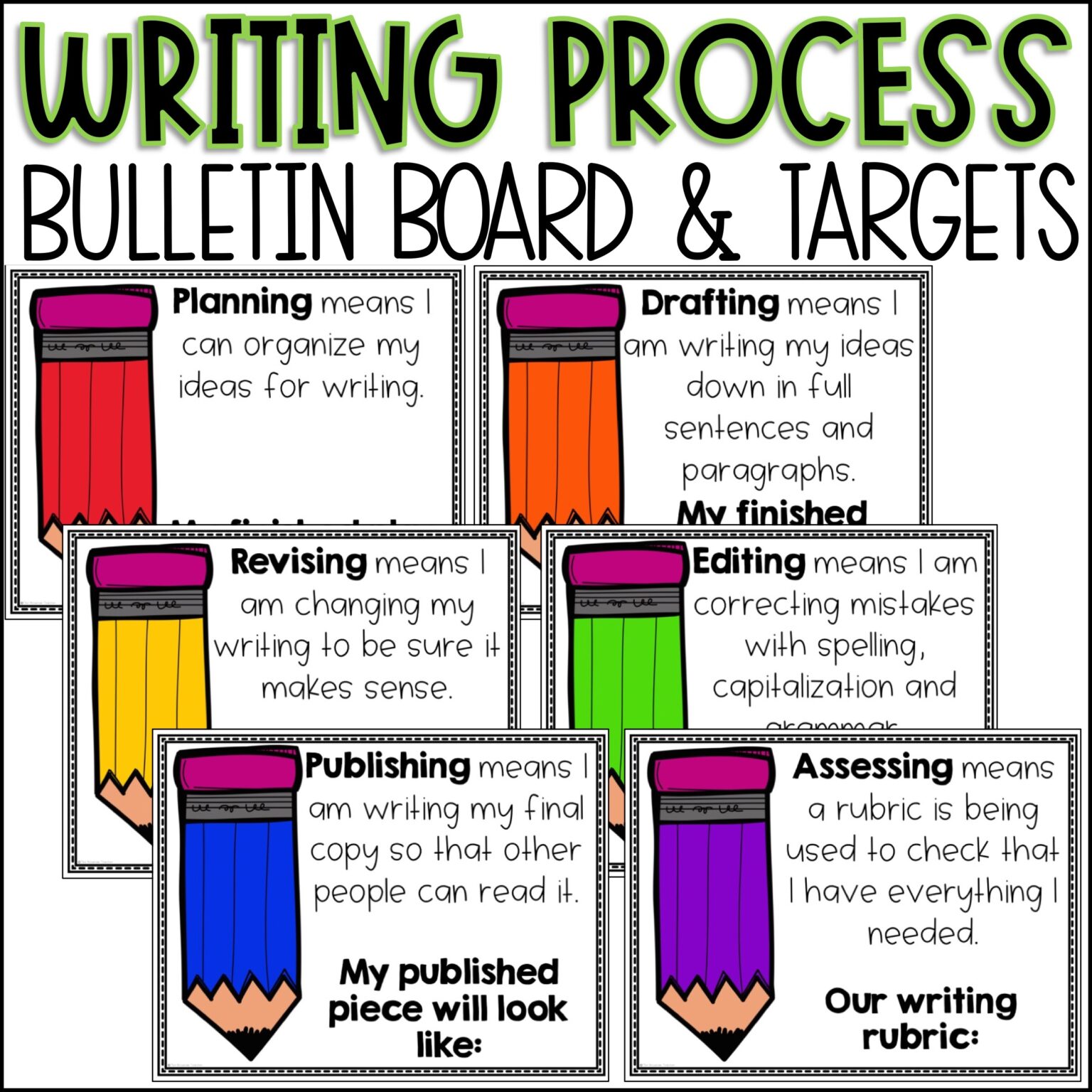 Writing Process Posters with Targets | Anchor Charts for Bulletin Board ...