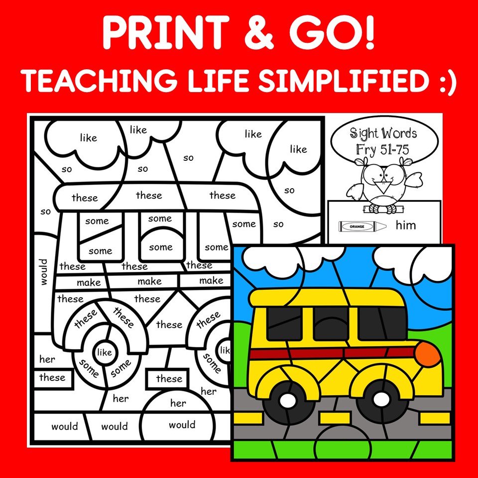 BACK TO SCHOOL COLOR BY SIGHT WORDS Fry 51-75 | Made By Teachers