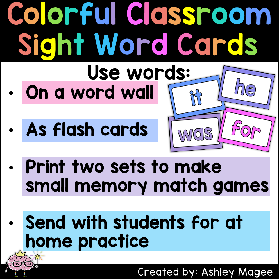 Colorful Classroom Decor Sight Word Cards for Word Wall Bulletin Board ...