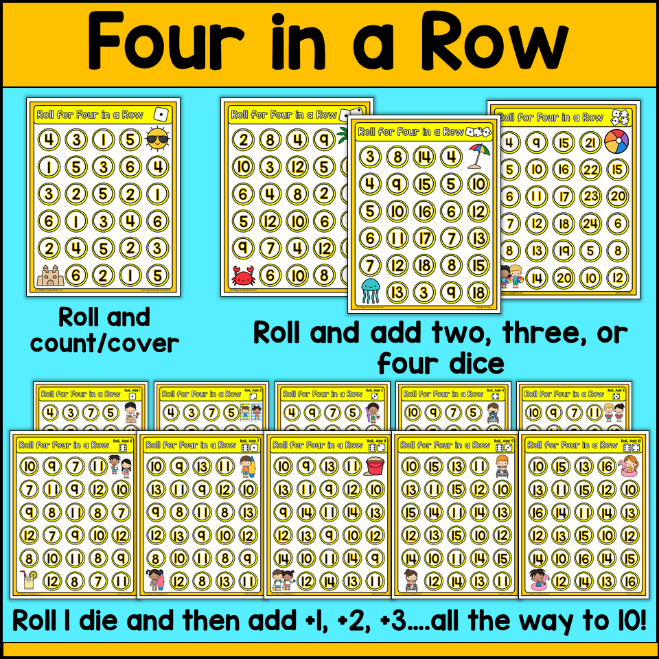 Summer Four in a Row Addition Game Math Center Roll and Add | Made By ...