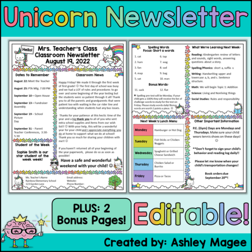 Unicorn Colorful Editable Classroom Newsletter Template with Bonus ...