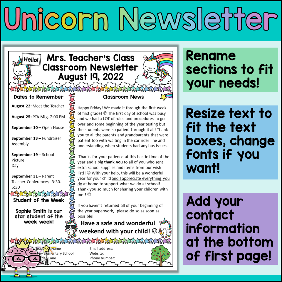 Unicorn Colorful Editable Classroom Newsletter Template with Bonus ...