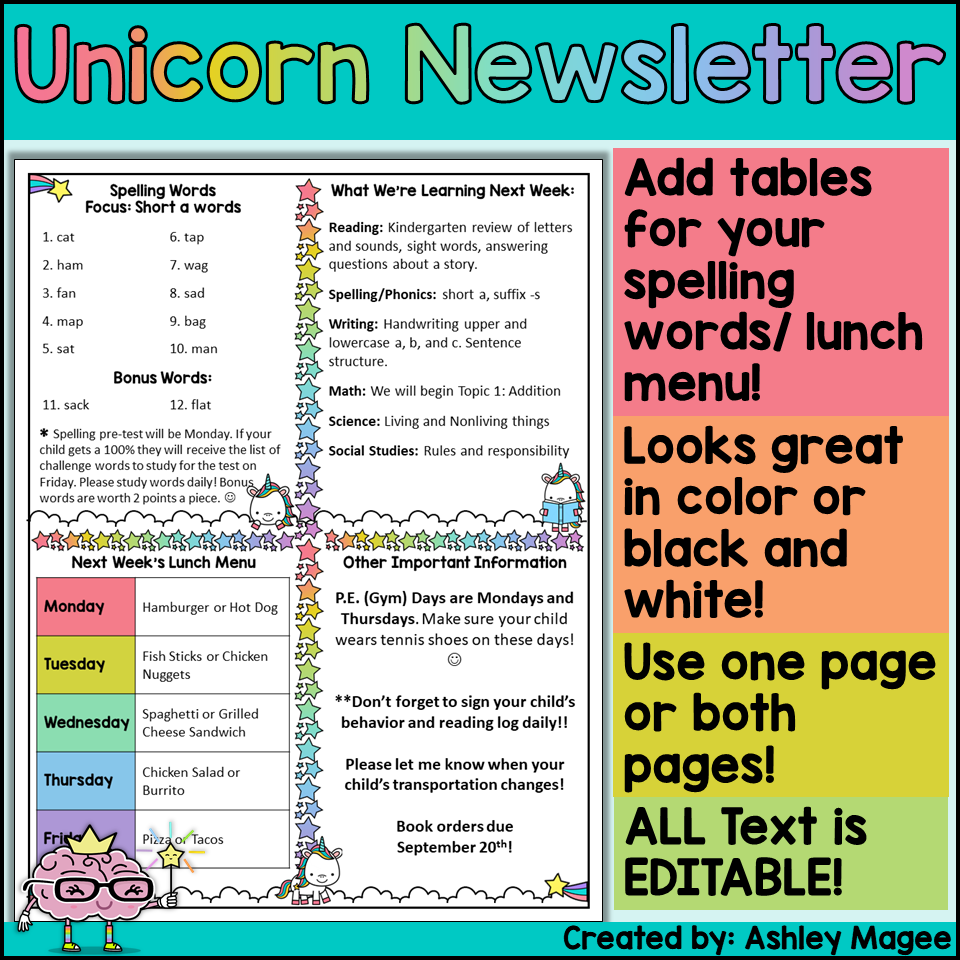 Unicorn Colorful Editable Classroom Newsletter Template with Bonus ...