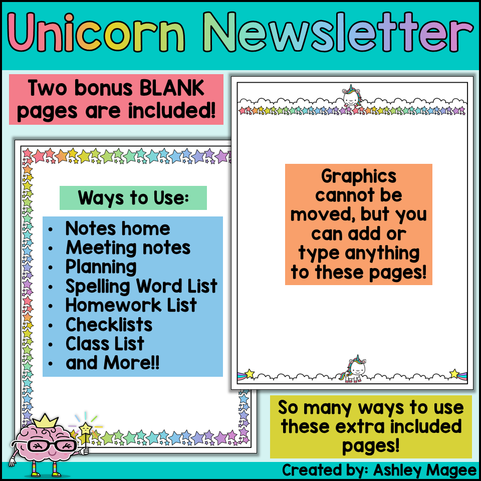 Unicorn Colorful Editable Classroom Newsletter Template with Bonus ...
