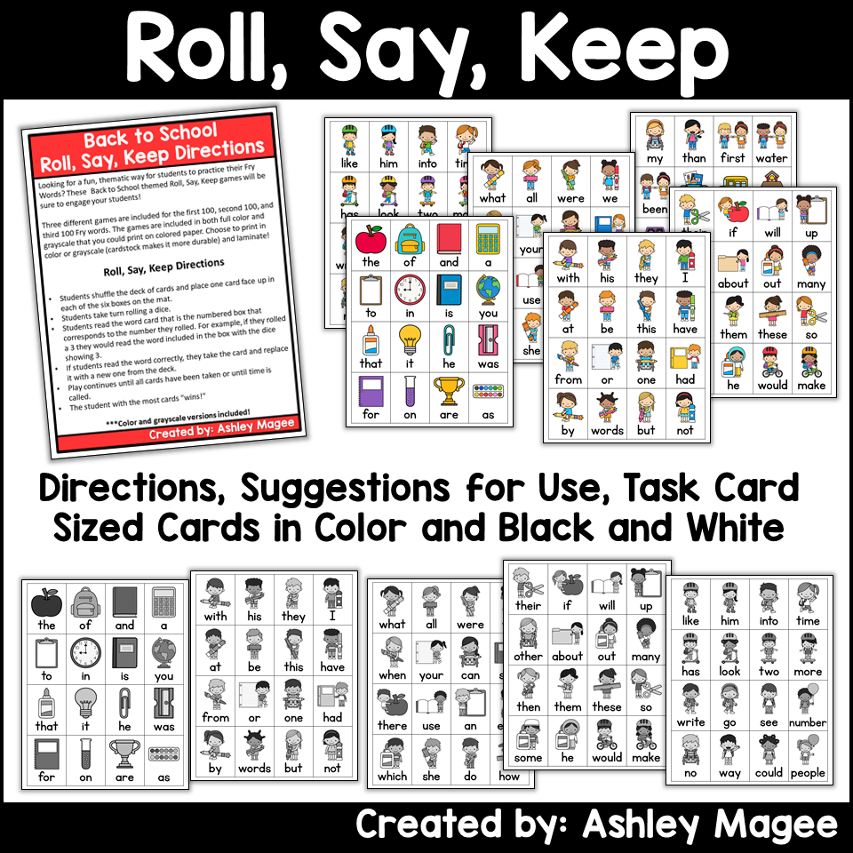 Back to School Roll, Say, Keep with First 300 Fry Words Sight Word ...