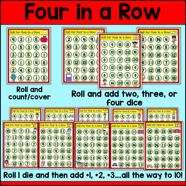 Back to School Four in a Row Addition Game Math Center Roll and Add ...