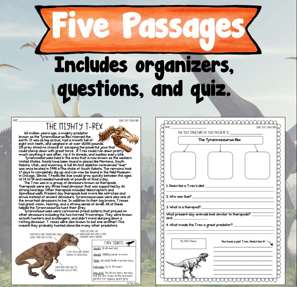 Dinosaur Text Structure Passages & Quiz: Digital + Print - Made By Teachers