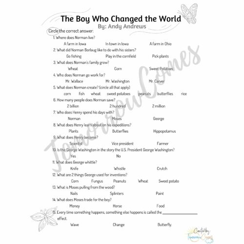 The Boy Who Changed the World by Andy Andrews: book study worksheets ...