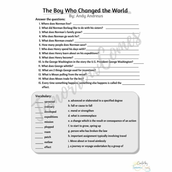 The Boy Who Changed the World by Andy Andrews: book study worksheets ...