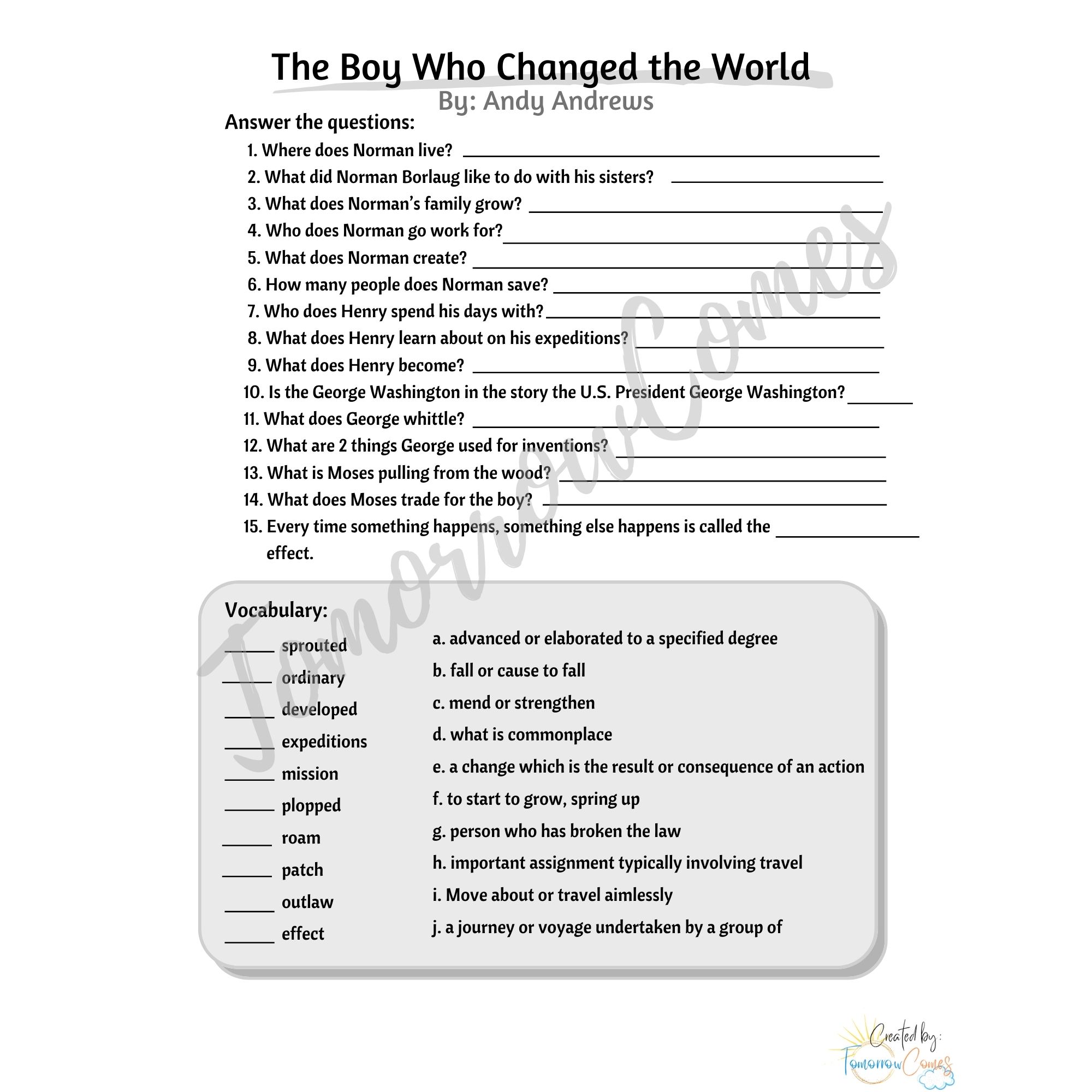 The Boy Who Changed the World by Andy Andrews: book study worksheets ...