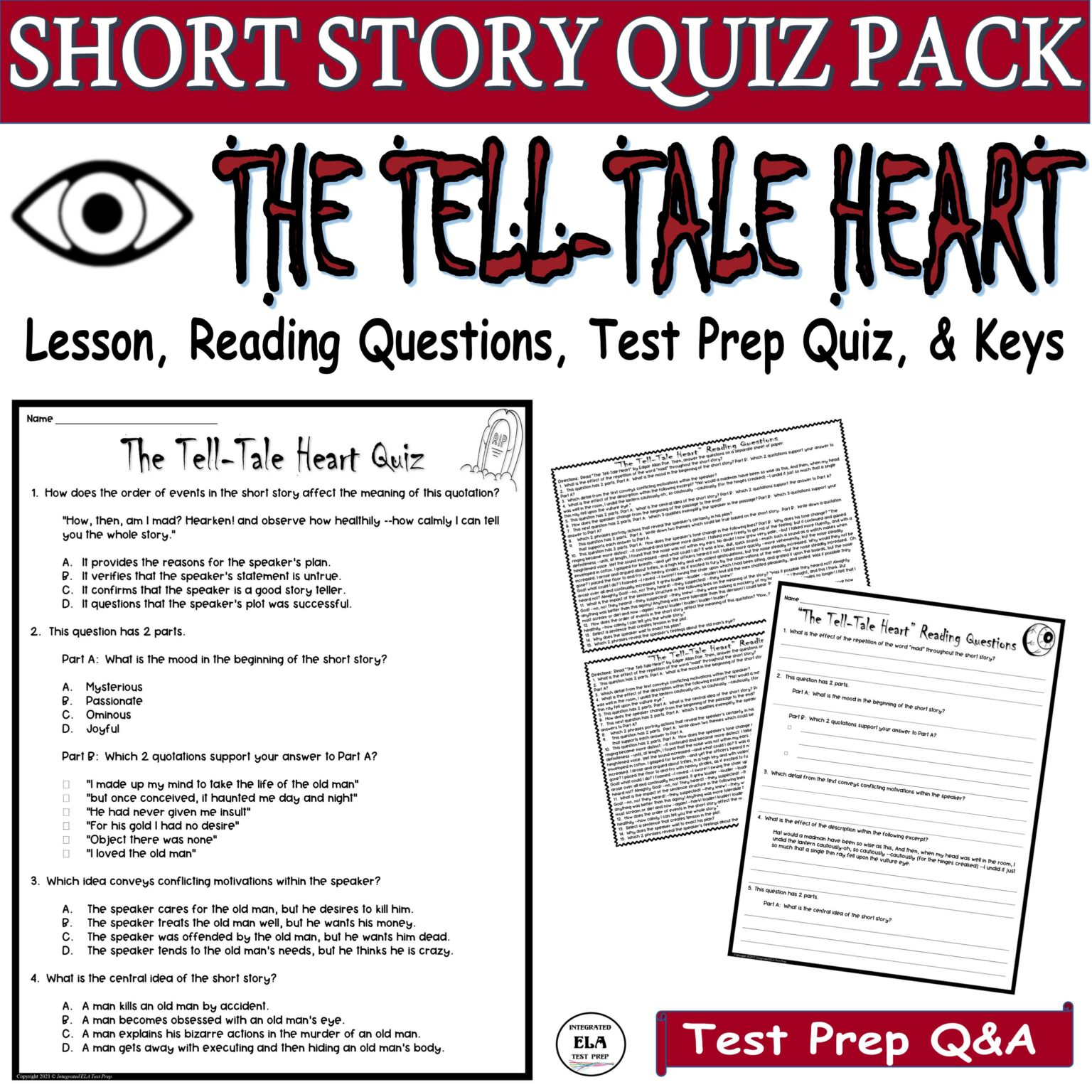 The Tell Tale Heart Quiz Edgar Allan Poe Short Stories | Made By Teachers