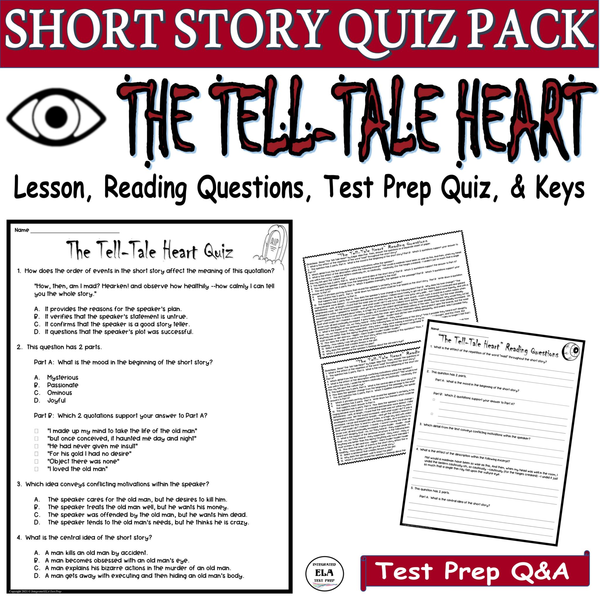 The Tell Tale Heart Quiz Edgar Allan Poe Short Stories | Made By Teachers