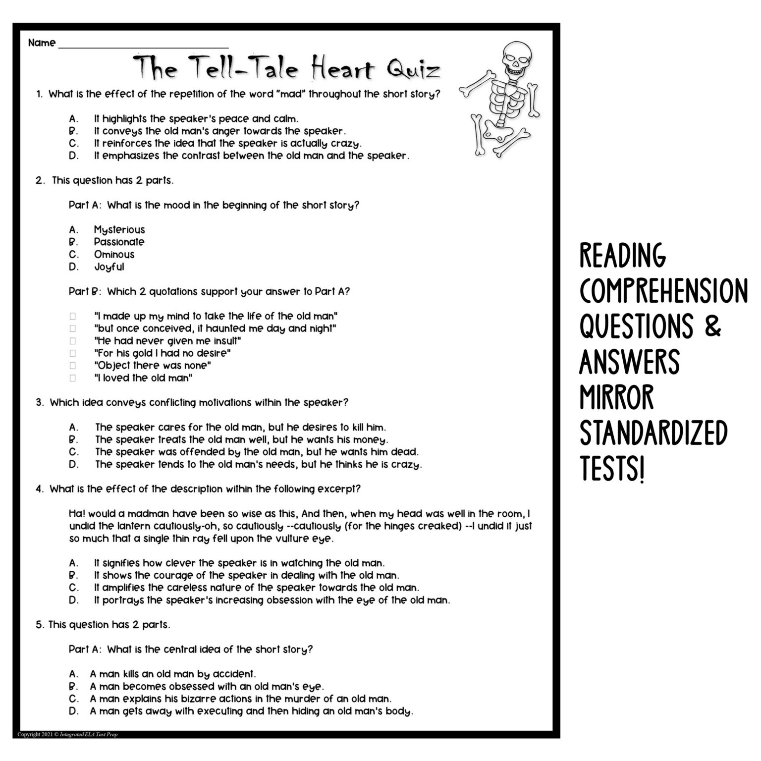 The Tell Tale Heart Quiz Edgar Allan Poe Short Stories | Made By Teachers