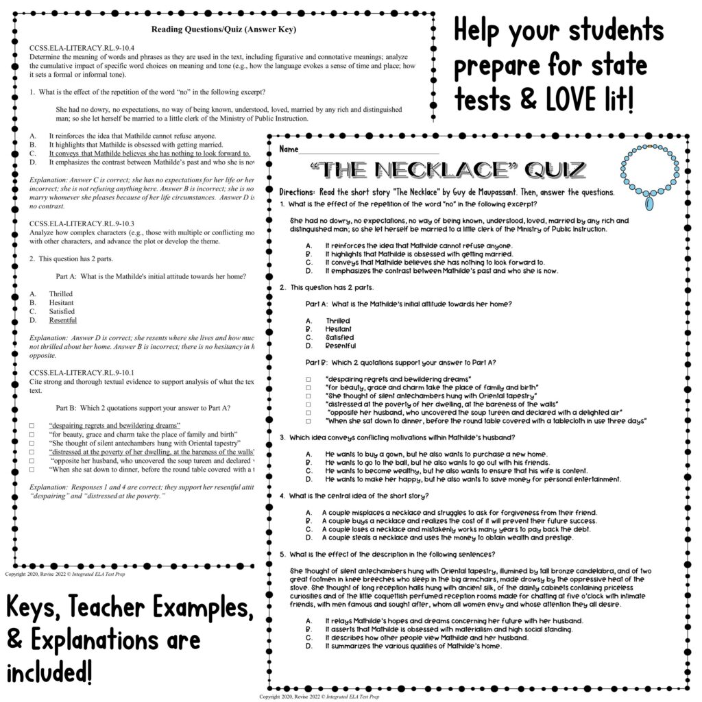 The Necklace Quiz Guy de Maupassant - Made By Teachers