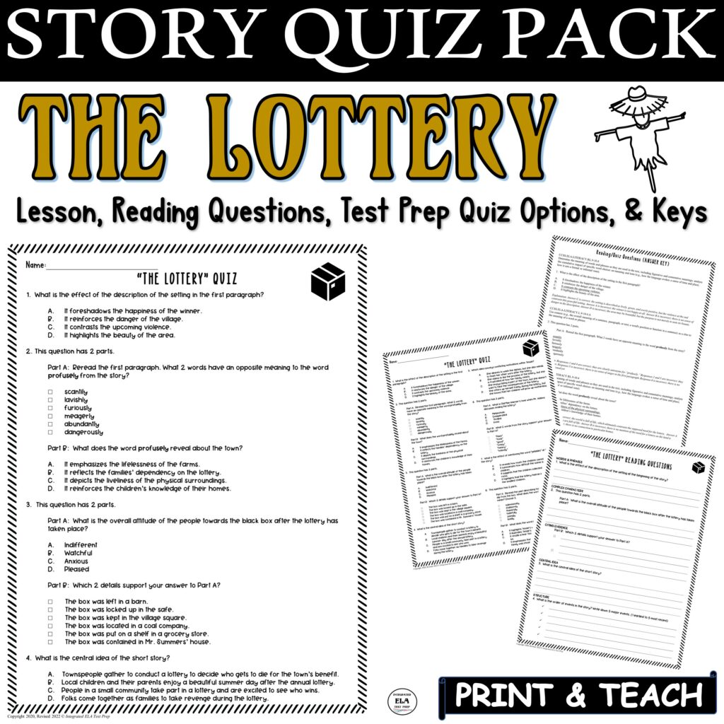 Shirley Jackson The Lottery Quiz Reading Comprehension Questions Test ...