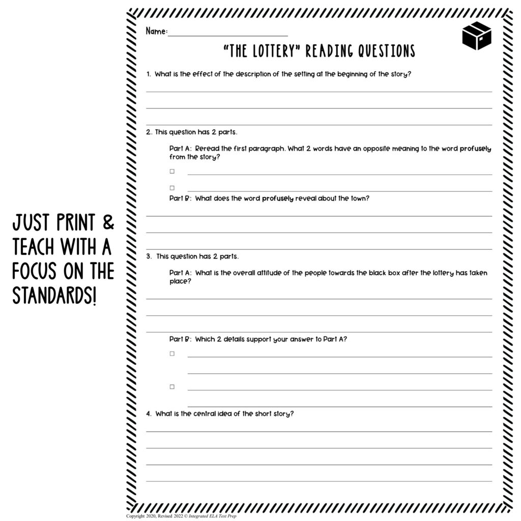 Shirley Jackson The Lottery Quiz Reading Comprehension Questions Test ...