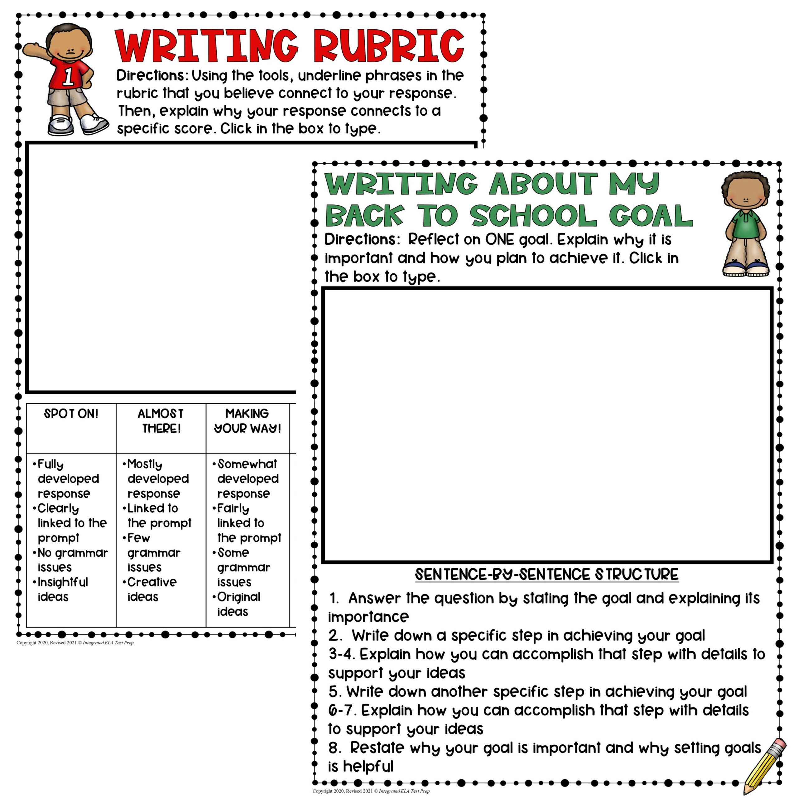 Back To School Activities Setting Goals Worksheets Writing Rubric ...
