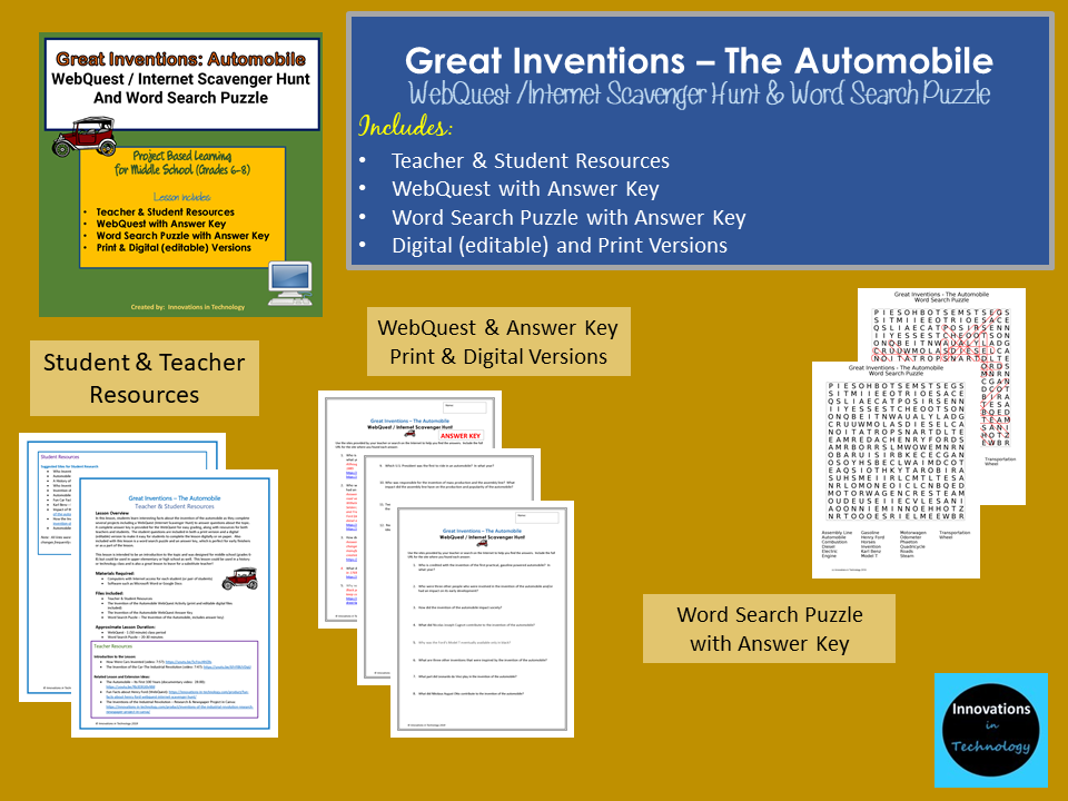 Great Inventions - The Automobile - WebQuest & Word Search - Made By ...