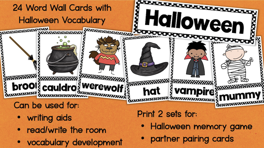 HALLOWEEN Word Wall Vocabulary Cards & Worksheets Word Search ABC Order ...
