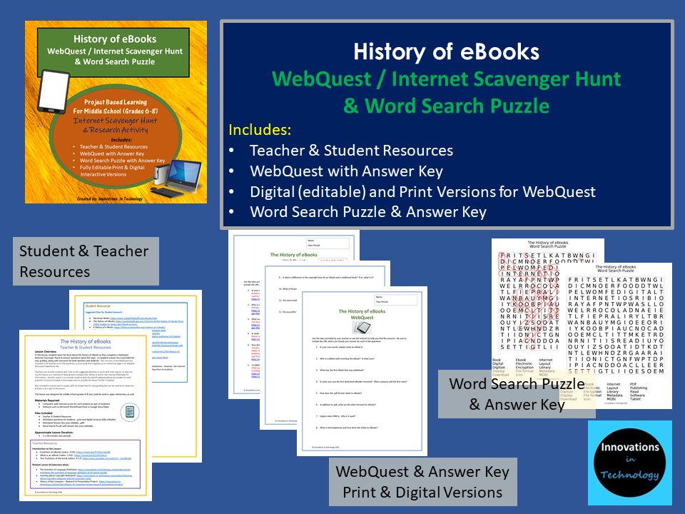 History of eBooks WebQuest / Word Search Puzzle | Made By Teachers