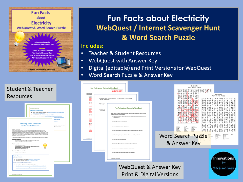 Fun Facts about Electricity - WebQuest & Word Search Puzzle - Made By ...