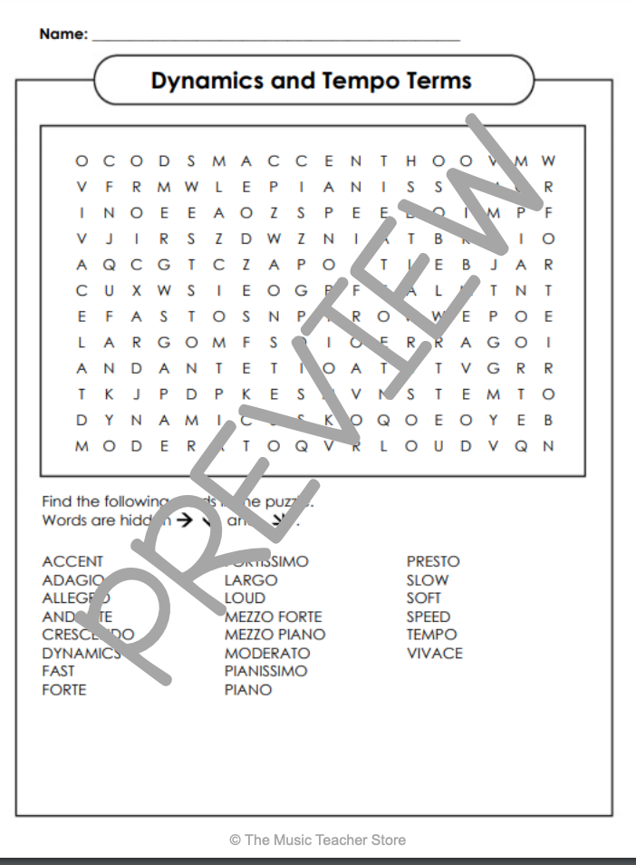 Music Puzzles: Dynamics and Tempo Terms Word Search - Made By Teachers