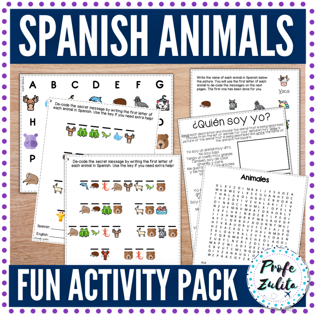Animals in Spanish Fun Pack of Activities Sub Plans | Made By Teachers