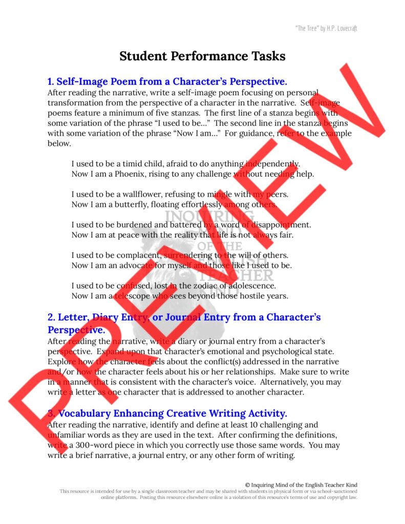 "The Tree" by H.P. Lovecraft Close Reading Analysis Worksheet | Made By ...