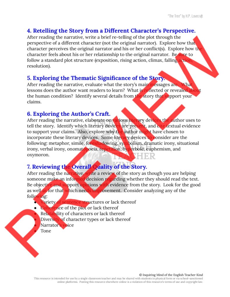 "The Tree" by H.P. Lovecraft Close Reading Analysis Worksheet | Made By ...