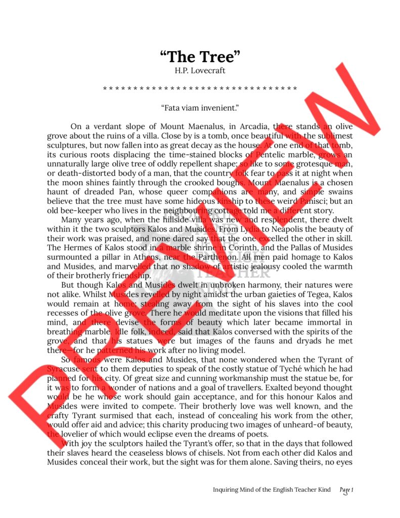 "The Tree" by H.P. Lovecraft Close Reading Analysis Worksheet | Made By ...