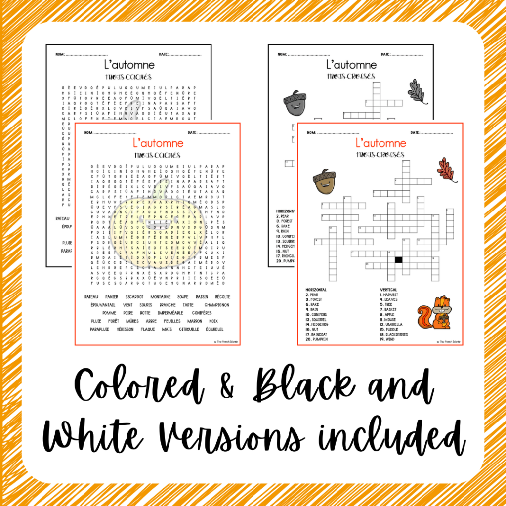 FRENCH L'automne / Fall Word Search & Crossword Activities - Made By ...
