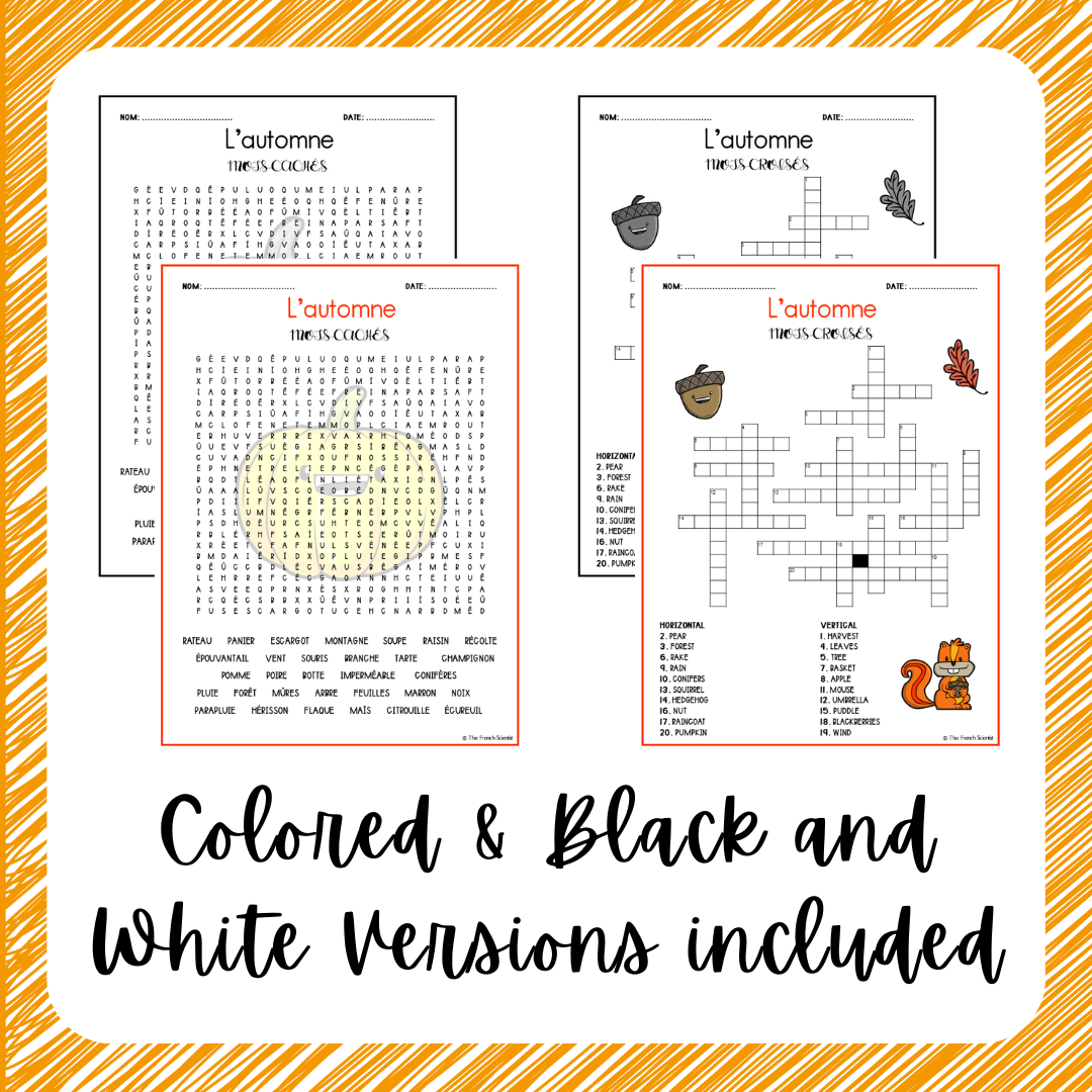 FRENCH L'automne / Fall Word Search & Crossword Activities - Made By ...