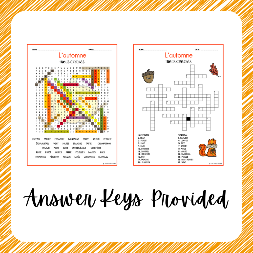 FRENCH L'automne / Fall Word Search & Crossword Activities - Made By ...