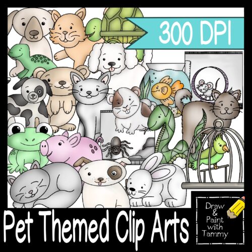 Pet themed clip arts featuring dogs, cats, rabbit, mice, lizard, and ...