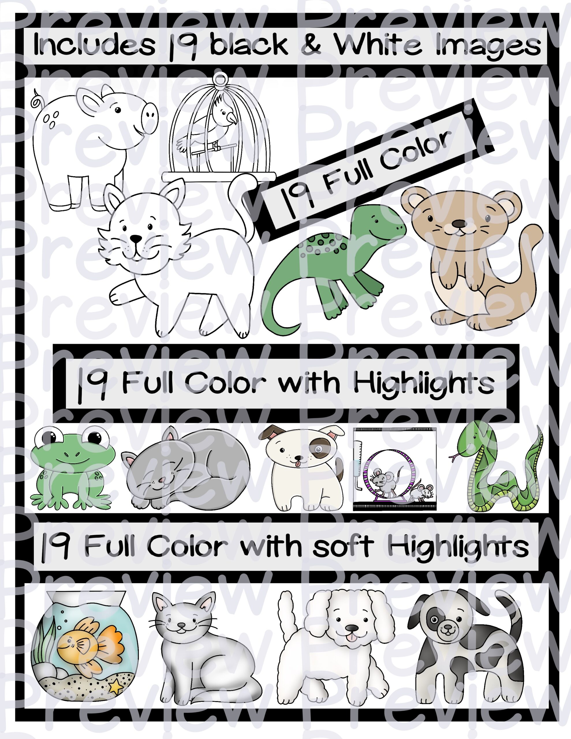 Pet themed clip arts featuring dogs, cats, rabbit, mice, lizard, and ...
