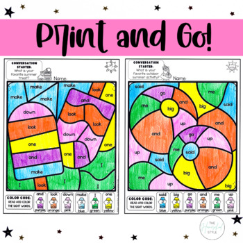 Summer Coloring Pages Color by Code Sight Word Activities Editable ...