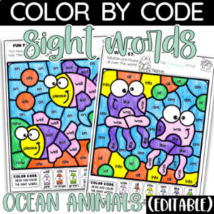 Ocean Animals Color by Sight Word Practice Editable | Made By Teachers