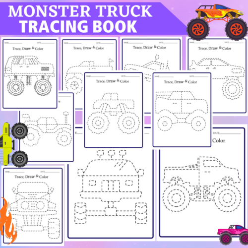 Monster Trucks Tracing & Coloring Pages | Pencil Control, Handwriting ...