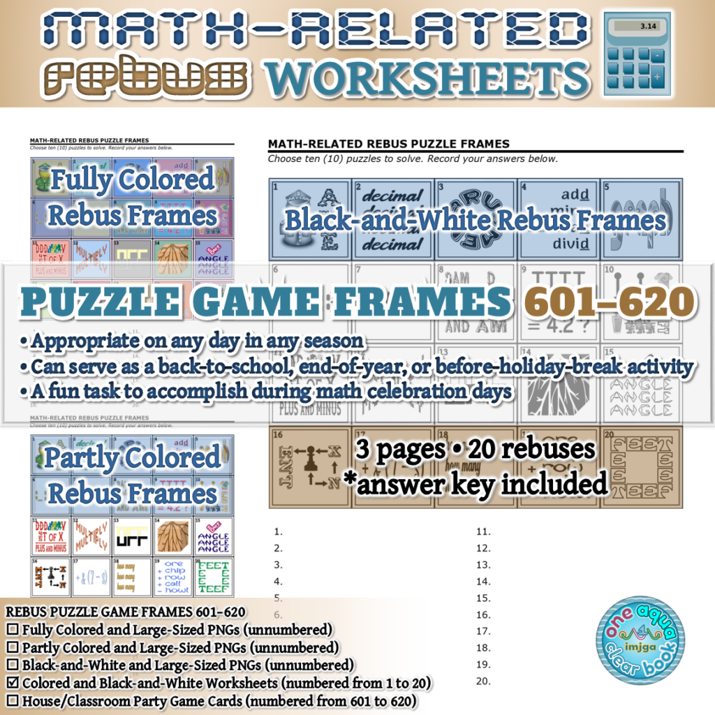 MATH-RELATED Rebus Puzzle Game Frames 601–620 Worksheets | Made By Teachers