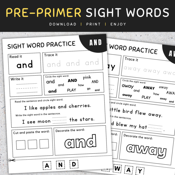Pre-primer Sight Words: Pre-K Sight Words Worksheets, NO Prep, [SET 1 ...