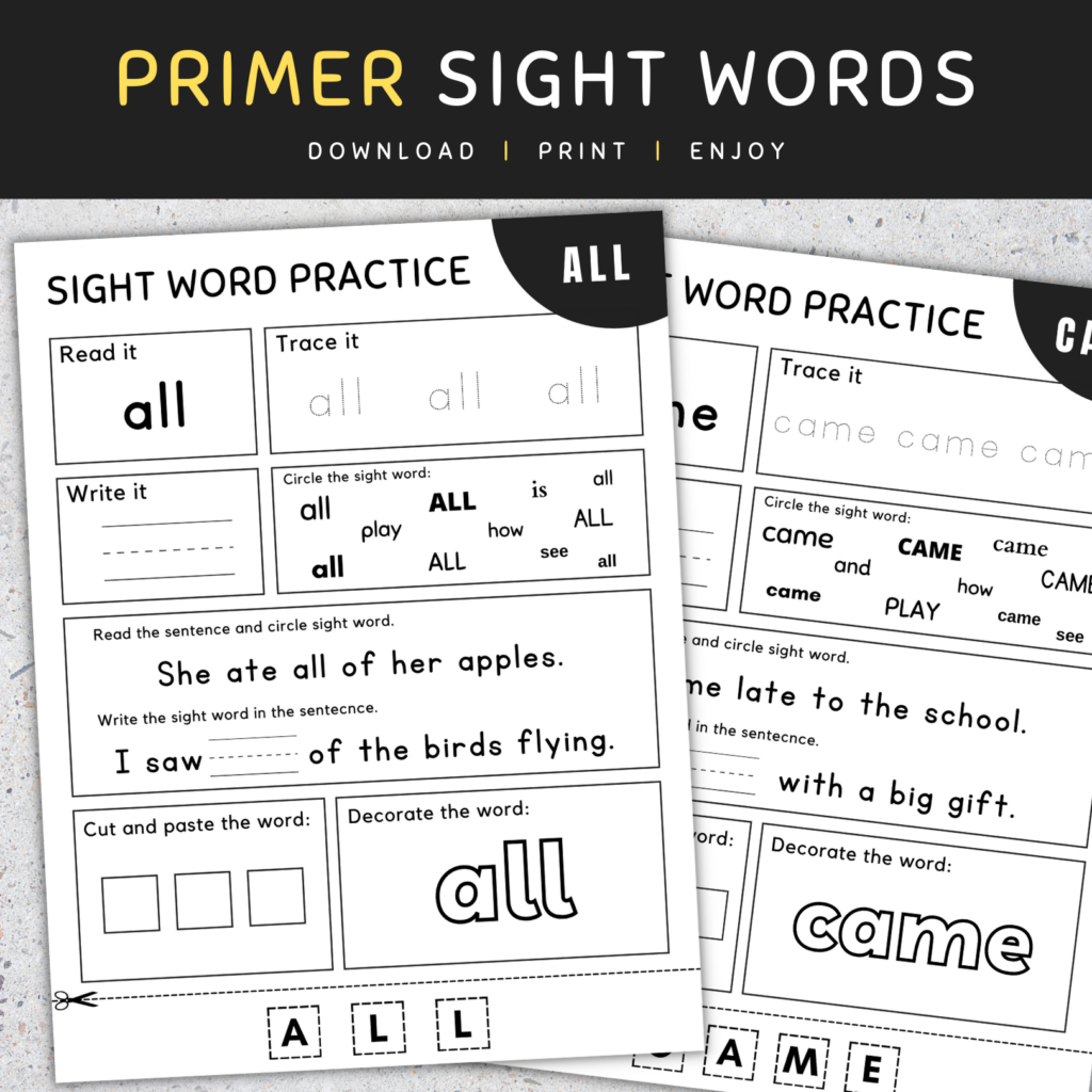 Sight Words Bundle: Pre-primer, Primer, & 1st Grade Worksheets, [SET 1 ...