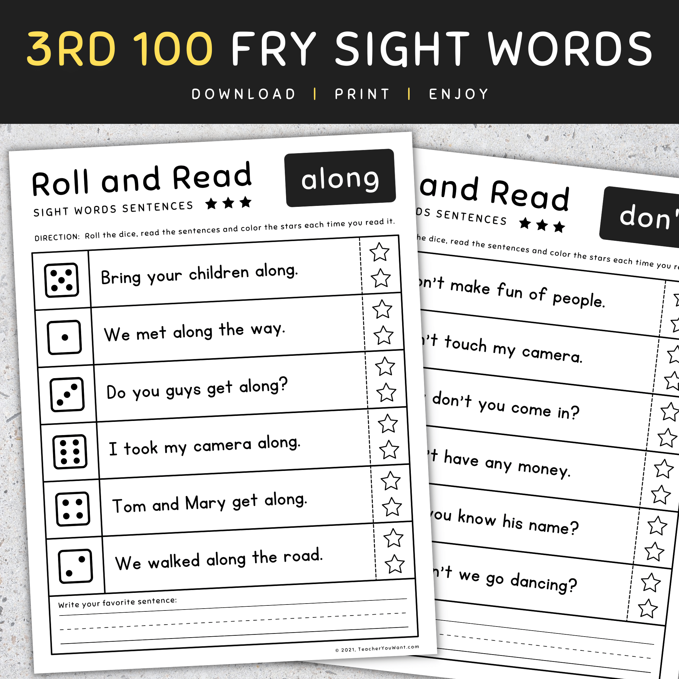 3rd 100 Fry Sight Words: Roll & Read Sight Words, Fluency Worksheets ...