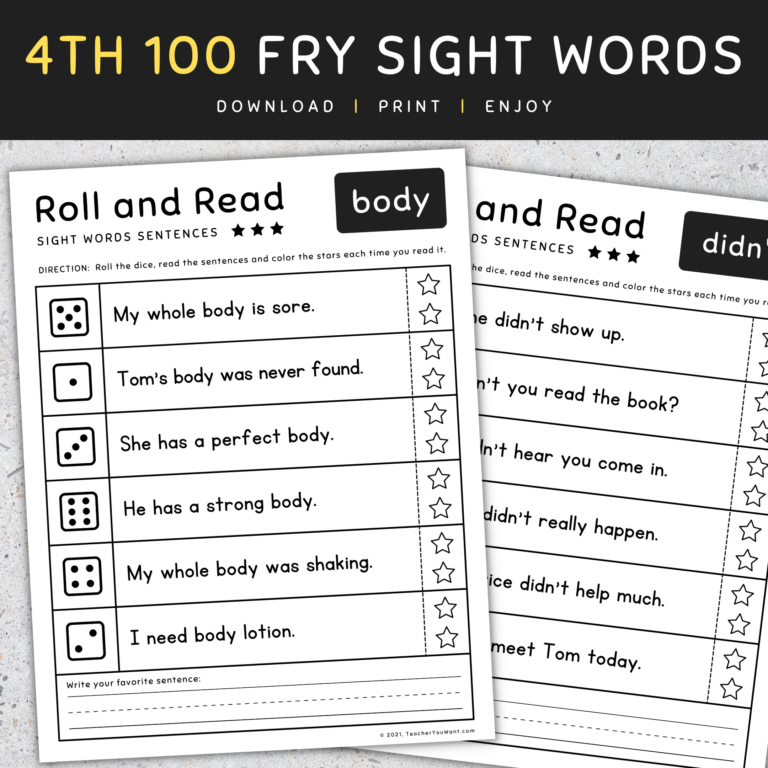 Fry Sight Words Bundle: 1-1000, Roll & Read Sight Word Worksheets, [SET ...