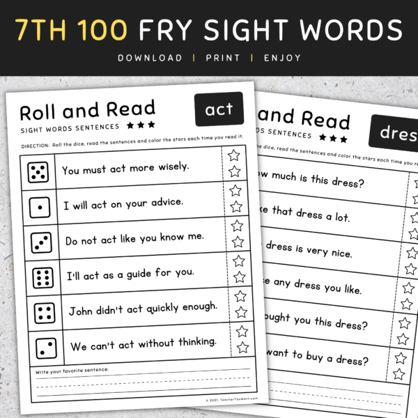 7th 100 Fry Sight Words: Roll & Read Sight Words, Fluency Worksheets ...