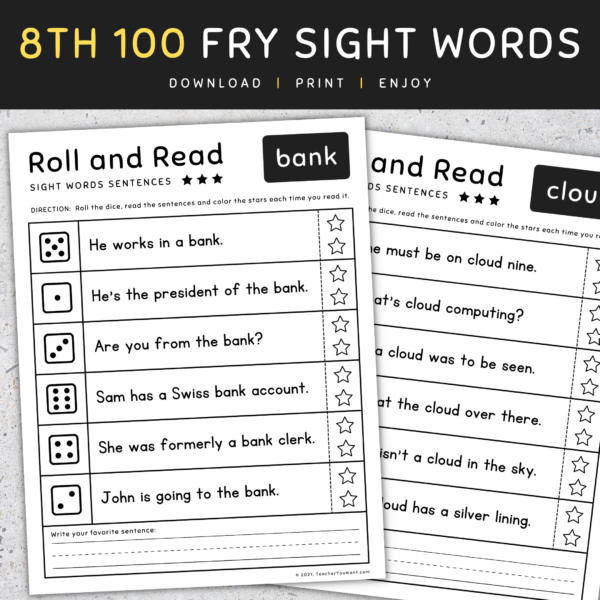 8th 100 Fry Sight Words: Roll & Read Sight Words, Fluency Worksheets ...