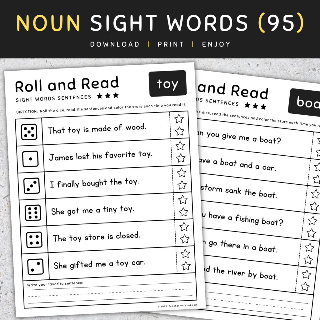 Noun Sight Words: Roll and Read Sight Words Worksheets, 95 Nouns, [SET ...