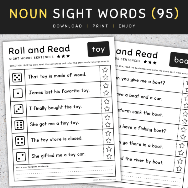 Noun Sight Words: Roll and Read Sight Words Worksheets, 95 Nouns, [SET ...