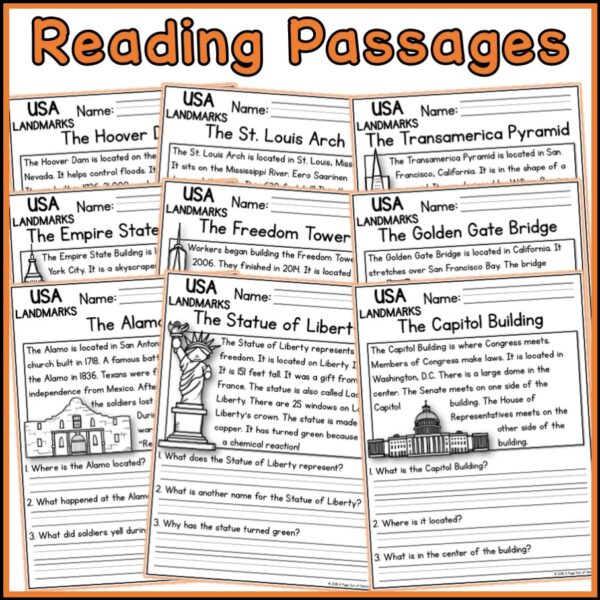 United States Landmarks Social Studies Reading Comprehension Passages K ...