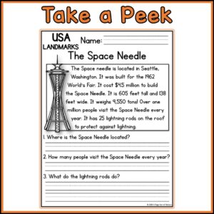 United States Landmarks Social Studies Reading Comprehension Passages K ...